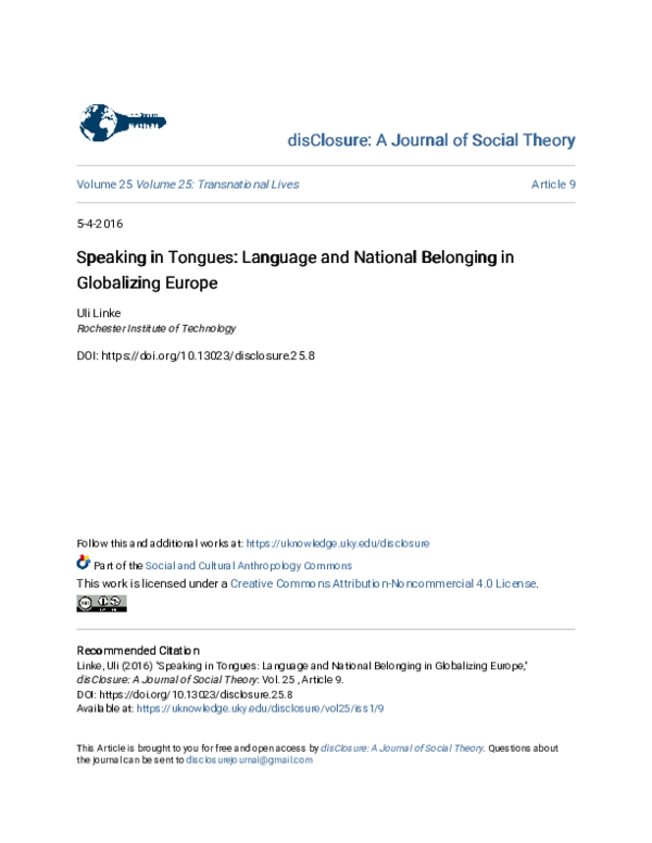 (PDF) Speaking in Tongues: Language and National Belonging in ...