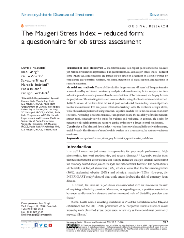 (PDF) The Maugeri Stress Index – reduced form: a questionnaire for job ...