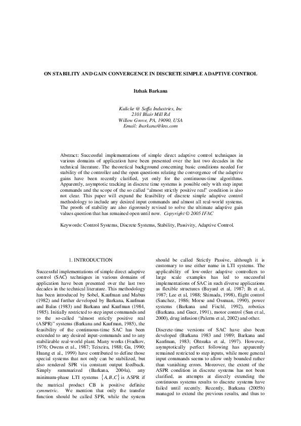 (PDF) On Stability and Gain Convergence in Discrete Simple Adaptive Control | Itzhak Barkana ...