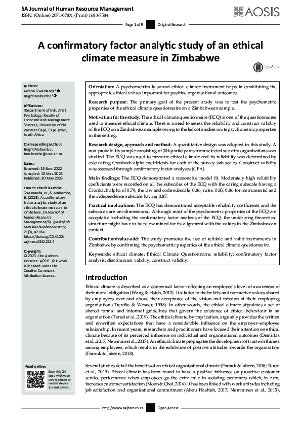 (PDF) A confirmatory factor analytic study of an ethical climate ...