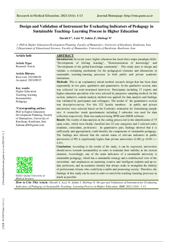 (PDF) Design and Validation of Instrument for Evaluating Indicators of Pedagogy in Sustainable ...