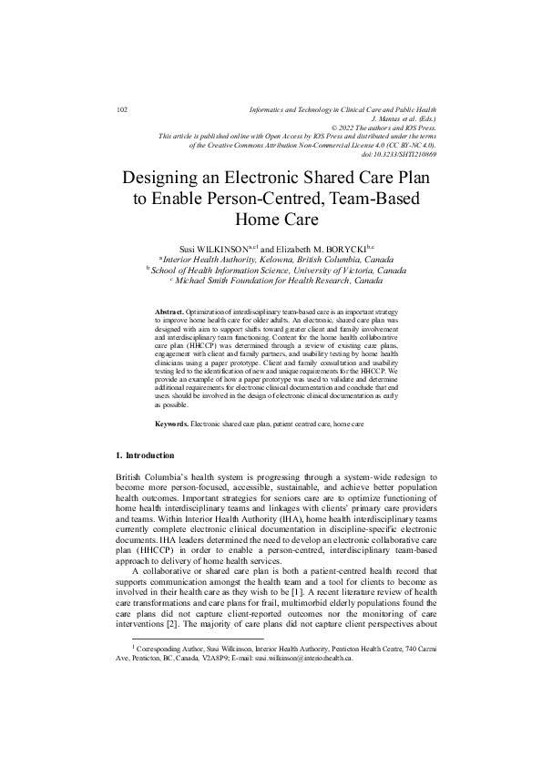 (PDF) Designing an Electronic Shared Care Plan to Enable Person-Centred ...