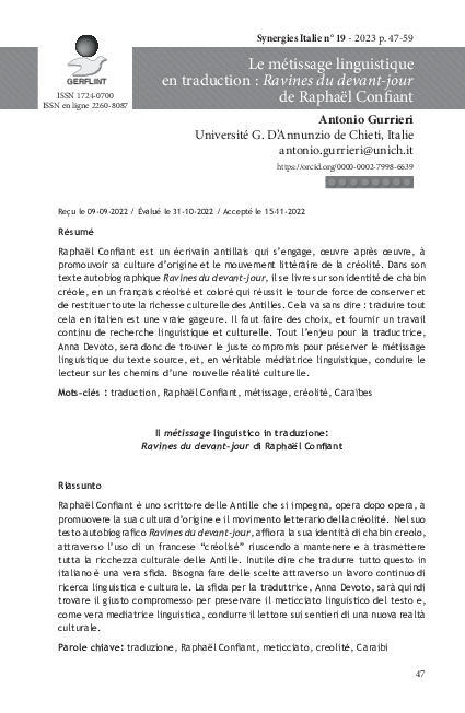 (PDF) Le métissage linguistique en traduction : Ravines du devant-jour de Raphaël Confiant ...