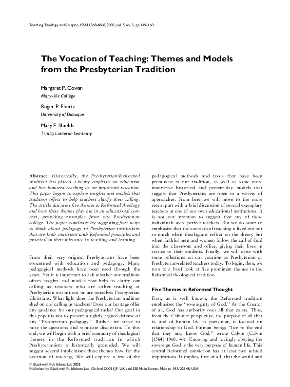 (PDF) The Vocation of Teaching: Themes and Models from the Presbyterian ...