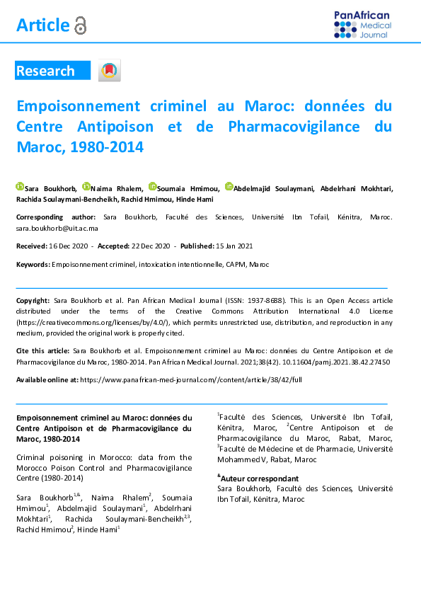 (PDF) Empoisonnement criminel au Maroc: données du Centre Antipoison et ...