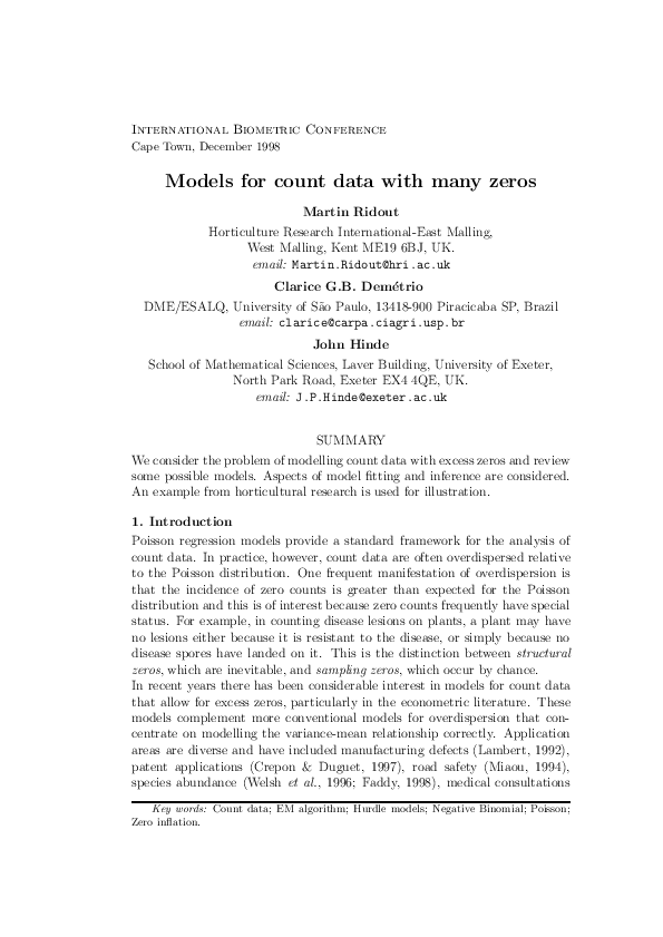 (PDF) Models for count data with many zeros