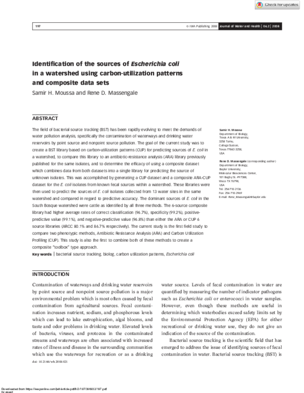 (PDF) Identification of the sources of Escherichia coli in a watershed using carbon-utilization ...