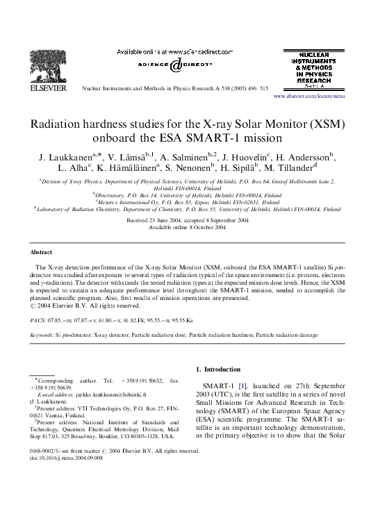 (PDF) Radiation hardness studies for the X-ray Solar Monitor (XSM) onboard the ESA SMART-1 ...