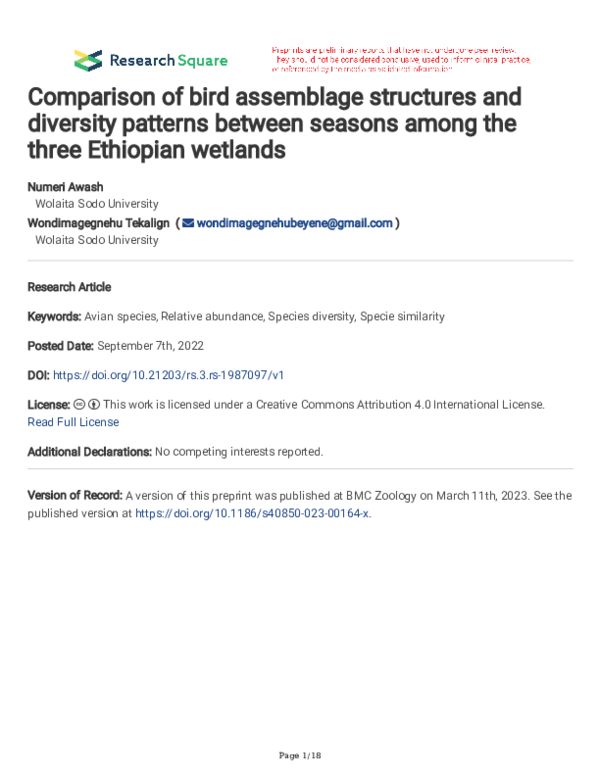 (PDF) Comparison of bird assemblage structures and diversity patterns ...