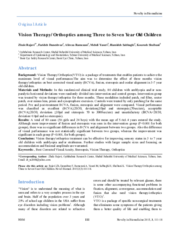 (PDF) Vision Therapy/Orthoptics among Three to Seven Year Old Children