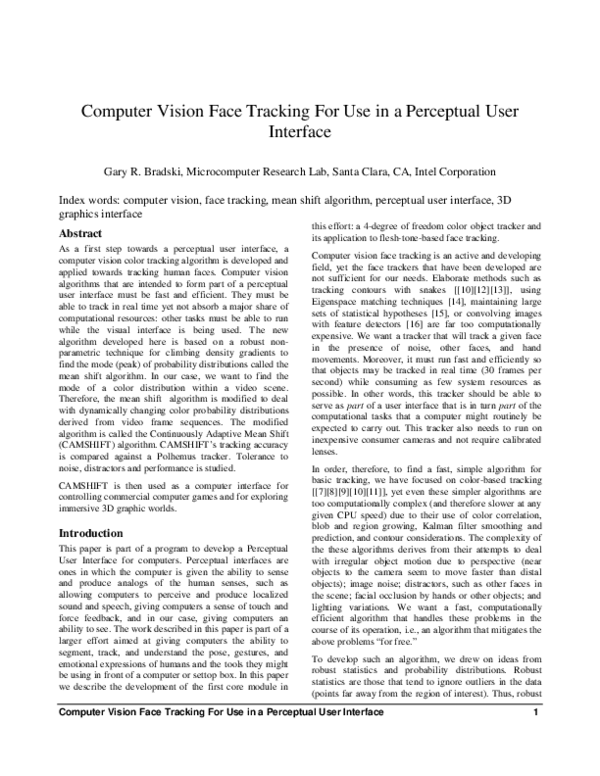 (PDF) Computer vision face tracking for use in a perceptual user interface