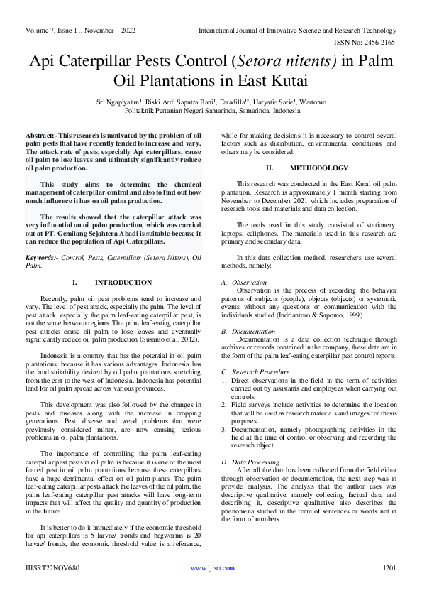 (PDF) Api Caterpillar Pests Control (Setora nitents) in Palm Oil ...