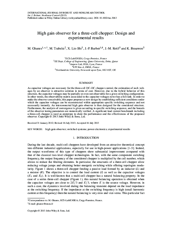 (PDF) High gain observer for a three‐cell chopper: Design and experimental results