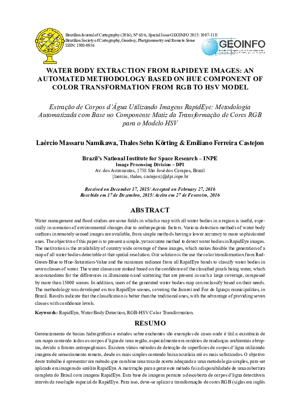 (PDF) Water Body Extraction from Rapideye Images: An Automated Methodology Based on Hue ...