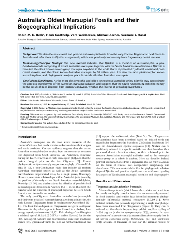 (PDF) Australia's Oldest Marsupial Fossils and their Biogeographical ...