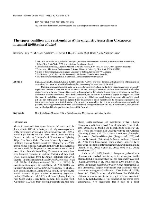 (PDF) The upper dentition and relationships of the enigmatic Australian ...