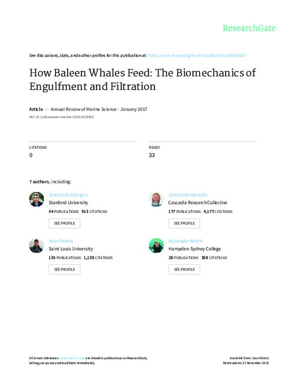 (PDF) How Baleen Whales Feed: The Biomechanics of Engulfment and Filtration