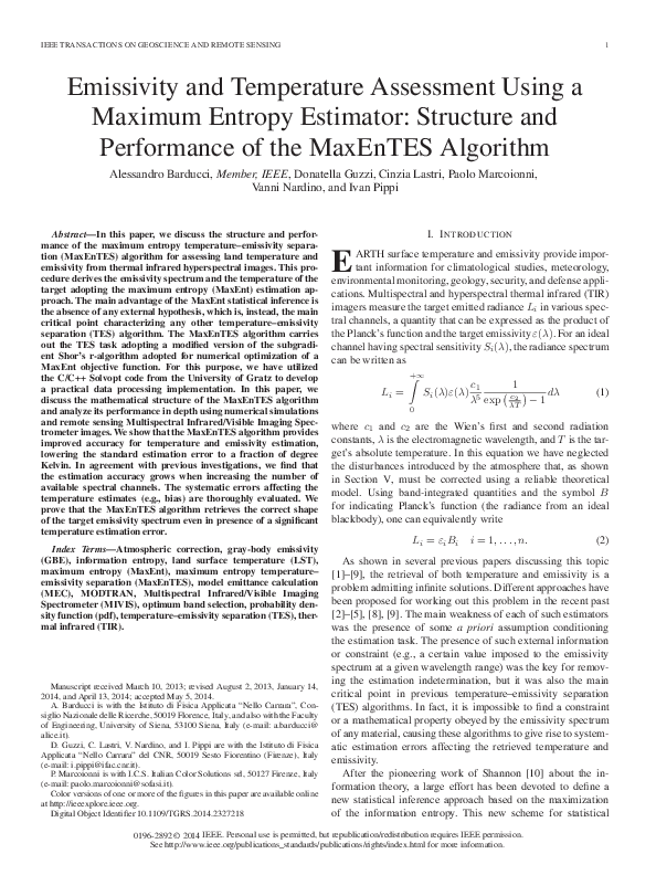 (PDF) Emissivity and Temperature Assessment Using a Maximum Entropy Estimator: Structure and ...