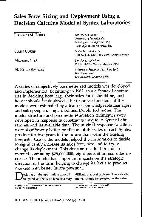 (PDF) Sales Force Sizing and Deployment Using a Decision Calculus Model ...