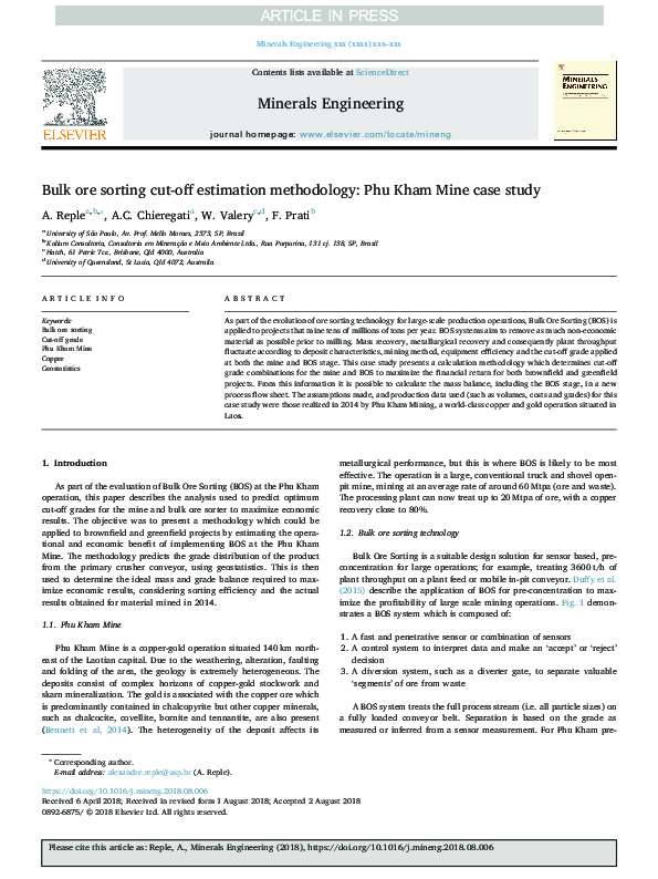 (PDF) Bulk ore sorting cut-off estimation methodology: Phu Kham Mine case study