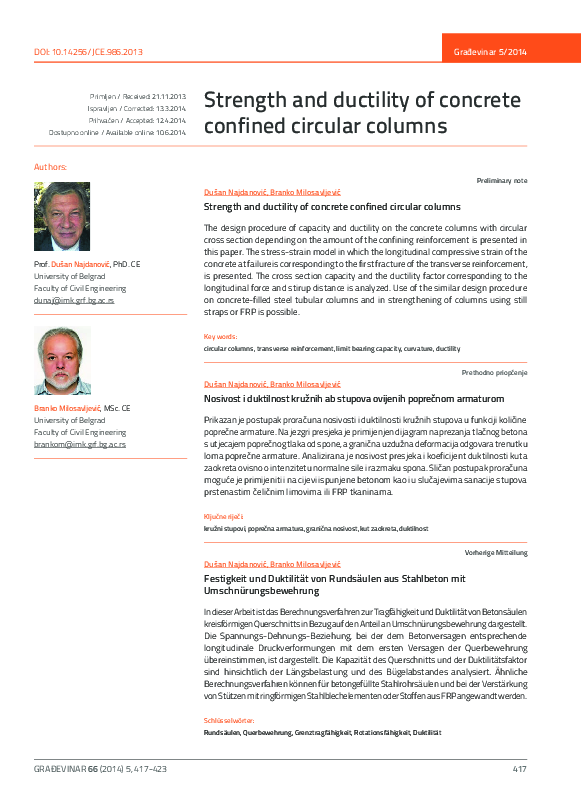 (PDF) Ductility and Strength in Confined Circular Concrete Columns