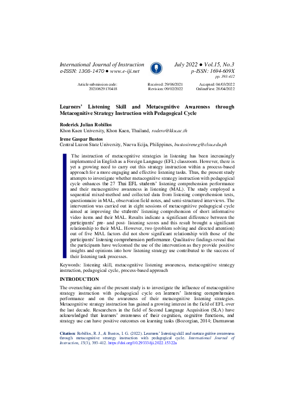 Pdf Learners Listening Skill And Metacognitive Awareness Through Metacognitive Strategy