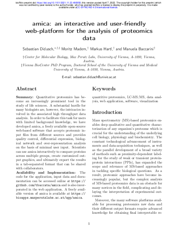 (PDF) Amica: An Interactive and User-Friendly Web-Platform for the Analysis of Proteomics Data