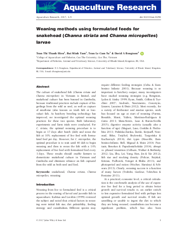 (PDF) Weaning methods using formulated feeds for snakehead ( Channa ...