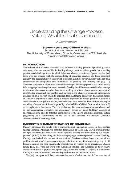 (PDF) Understanding the Change Process: Valuing What it is That Coaches Do