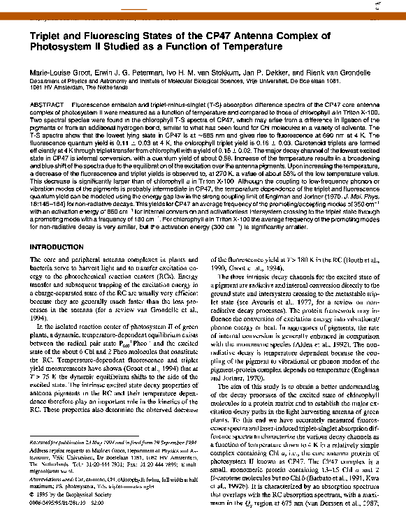 (PDF) Triplet and fluorescing states of the CP47 antenna complex of ...