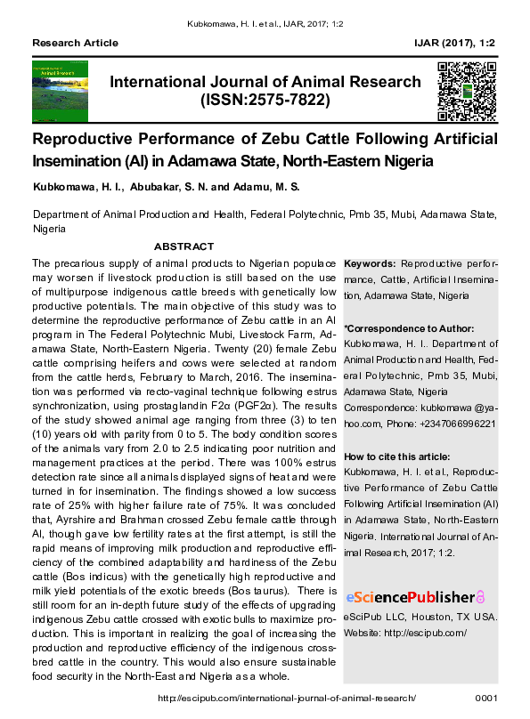 (PDF) Reproductive Performance of Zebu Cattle Following Artificial Insemination (AI) in Adamawa ...