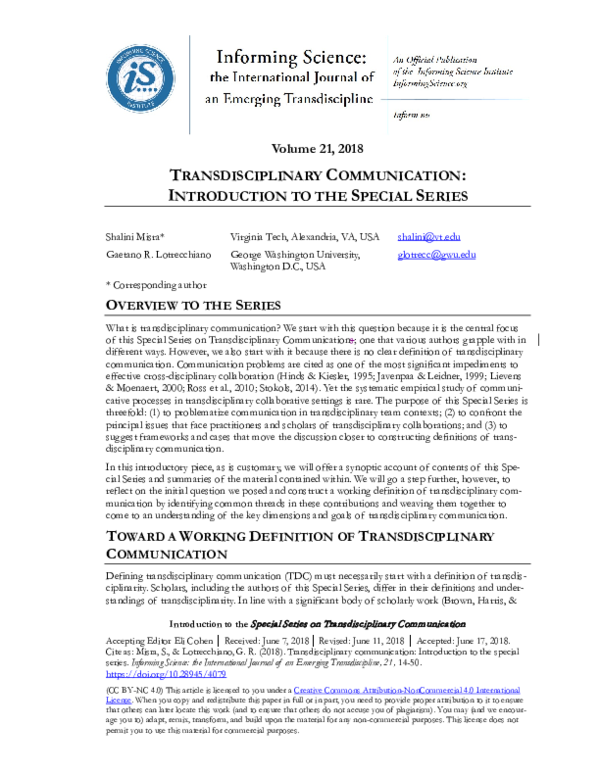 (PDF) Transdisciplinary Communication: Introduction to the Special Issue