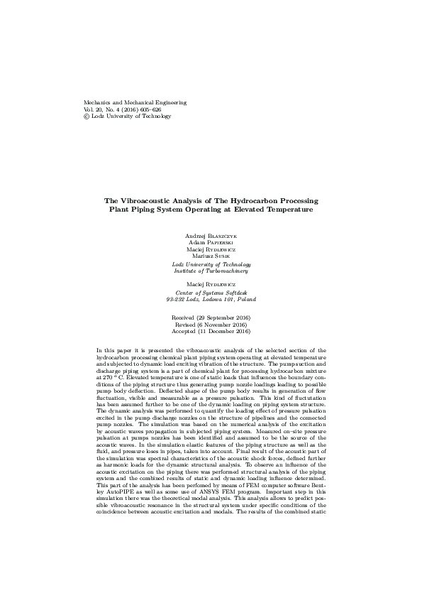 (PDF) The Vibroacoustic Analysis of The Hydrocarbon Processing Plant Piping System Operating at ...