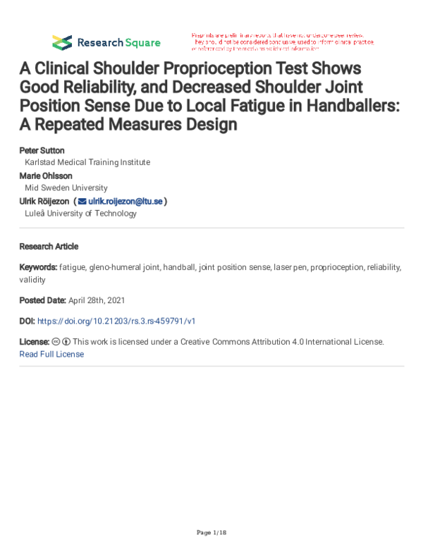 (PDF) A Clinical Shoulder Proprioception Test Shows Good Reliability ...