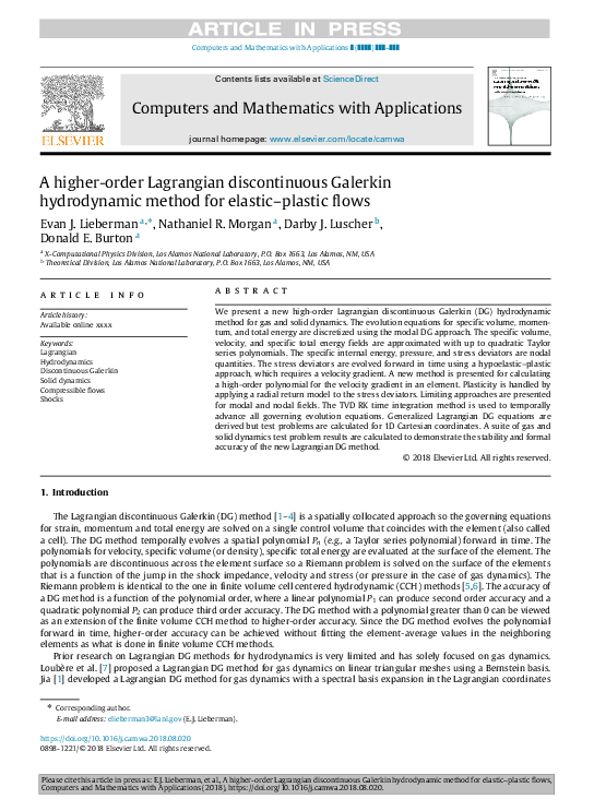 (PDF) A higher-order Lagrangian discontinuous Galerkin hydrodynamic method for elastic–plastic flows