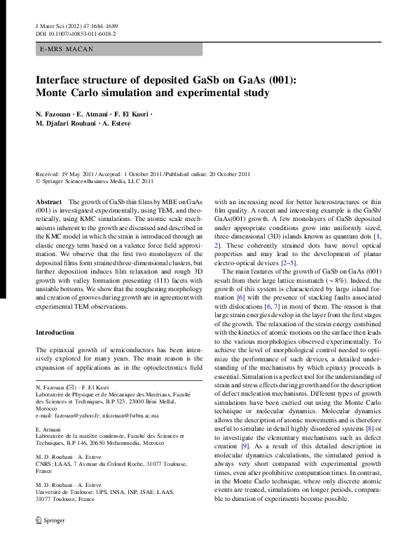 (PDF) Interface structure of deposited GaSb on GaAs (001): Monte Carlo ...
