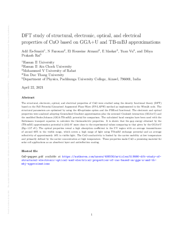 (PDF) DFT study of structural, electronic, optical, and electrical properties of CuO based on ...