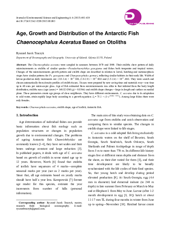 (PDF) Age, growth and distribution of the Antarctic fish Chaenocephalus aceratus based on otoliths