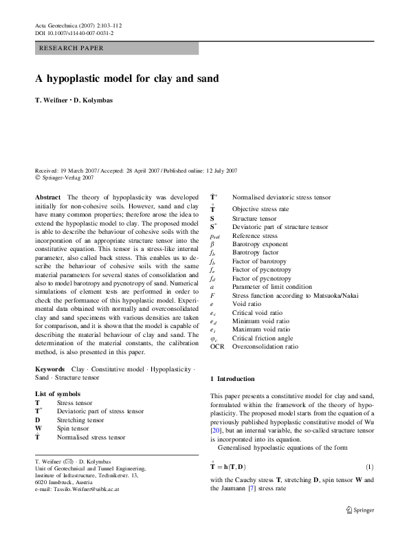 (PDF) A hypoplastic model for clay and sand | Tassilo Weifner - Academia.edu