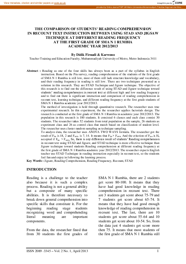 (PDF) The Comparison of Students’ Reading Comprehension in Recount Text ...