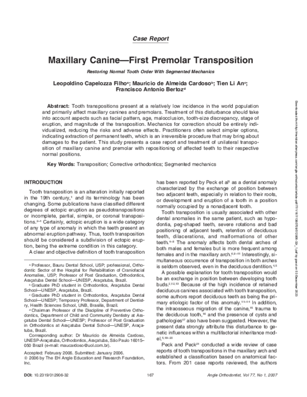 (PDF) Maxillary Canine—First Premolar Transposition