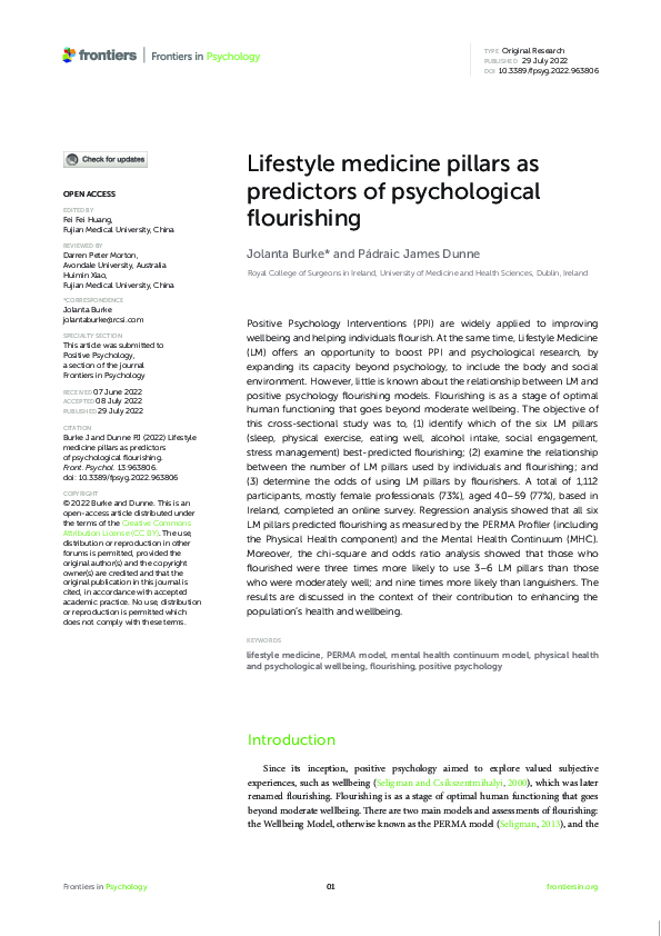 (PDF) Lifestyle medicine pillars as predictors of psychological flourishing