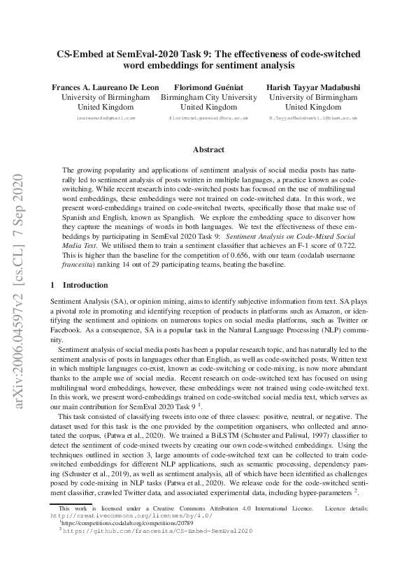(PDF) CS-Embed at SemEval-2020 Task 9: The effectiveness of code-switched word embeddings for ...