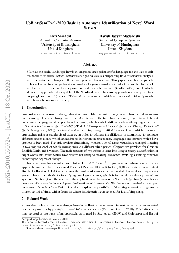 (PDF) UoB at SemEval-2020 Task 1: Automatic Identification of Novel Word Senses