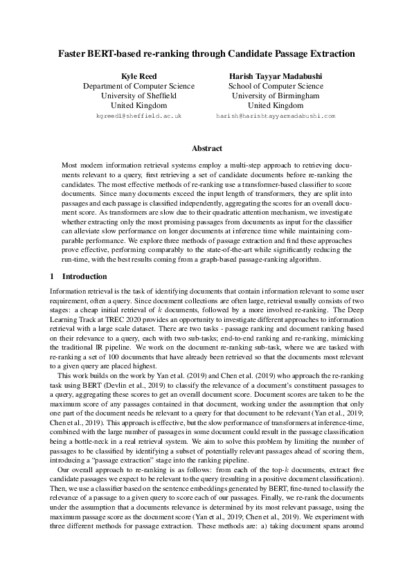 (PDF) Faster BERT-based Re-ranking through Candidate Passage Extraction