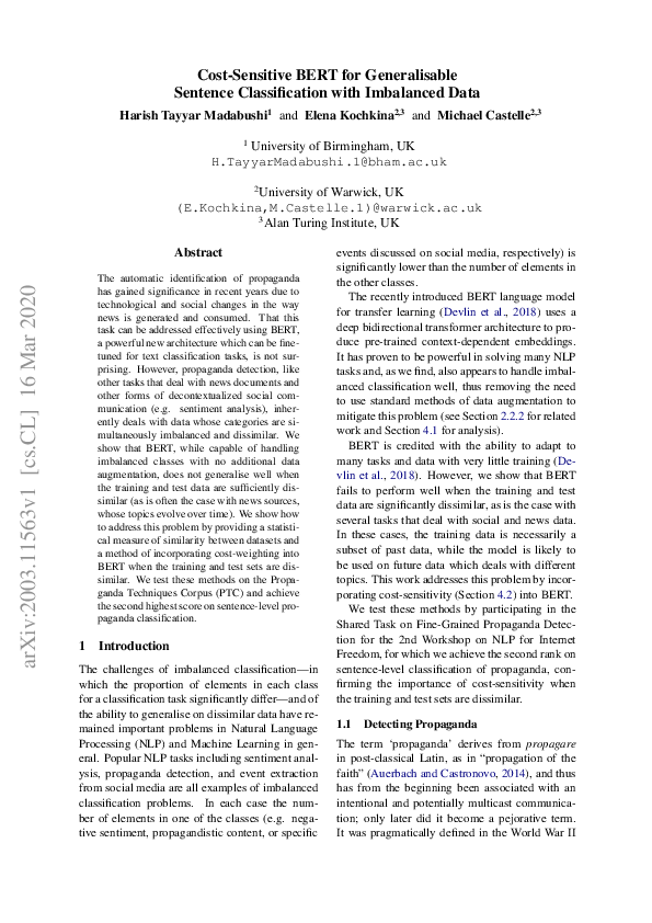 (PDF) Cost-Sensitive BERT for Generalisable Sentence Classification with Imbalanced Data