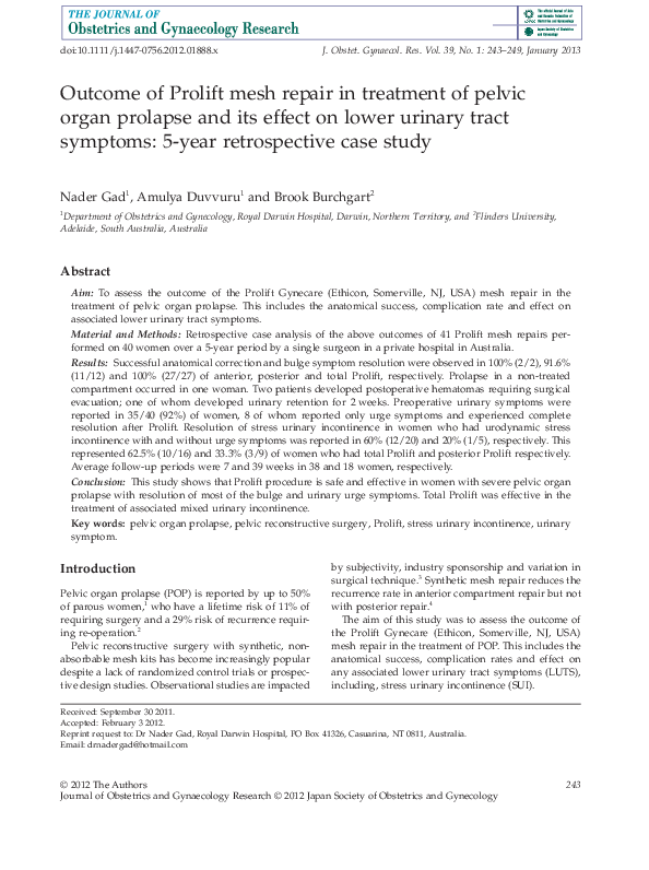 (PDF) Outcome of Prolift mesh repair in treatment of pelvic organ ...