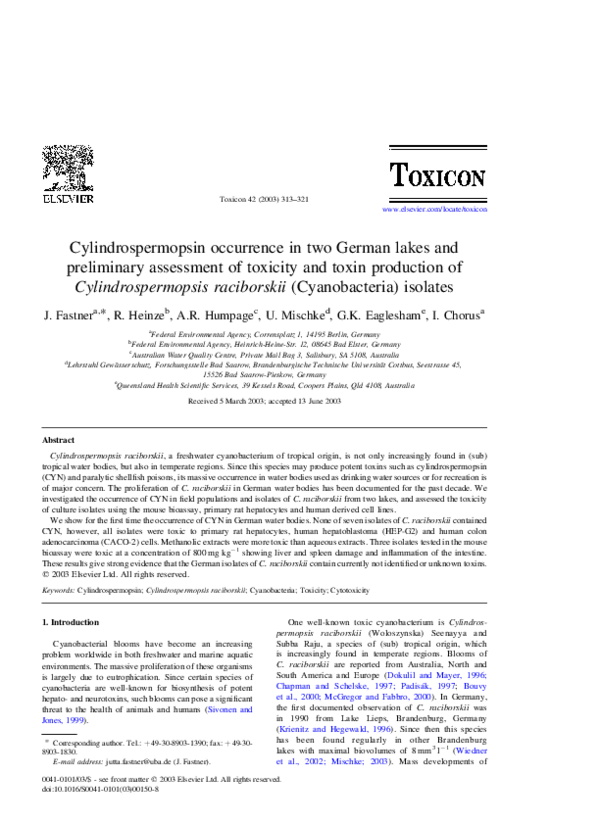 (PDF) Cylindrospermopsin occurrence in two German lakes and preliminary ...