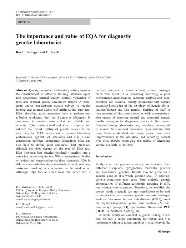 (PDF) The importance and value of EQA for diagnostic genetic laboratories