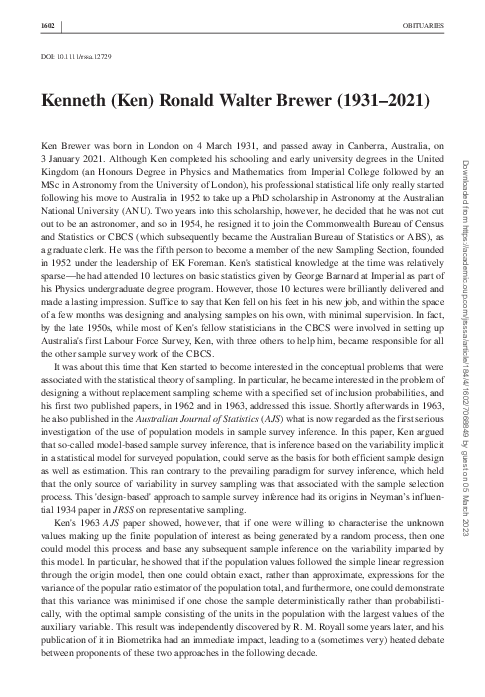 (PDF) Kenneth (Ken) Ronald Walter Brewer (1931–2021)